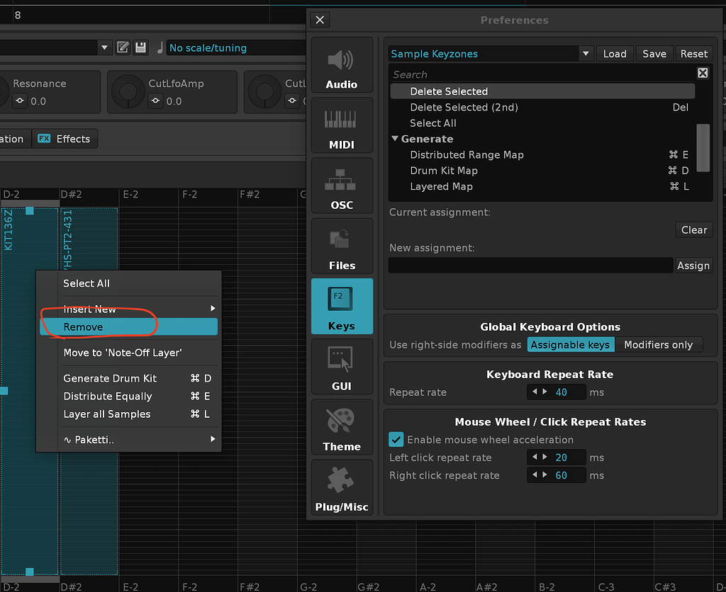 Keyzones "Remove" context menu entry is called 'Delete Selected' in Key Bindings - Help, Support ...